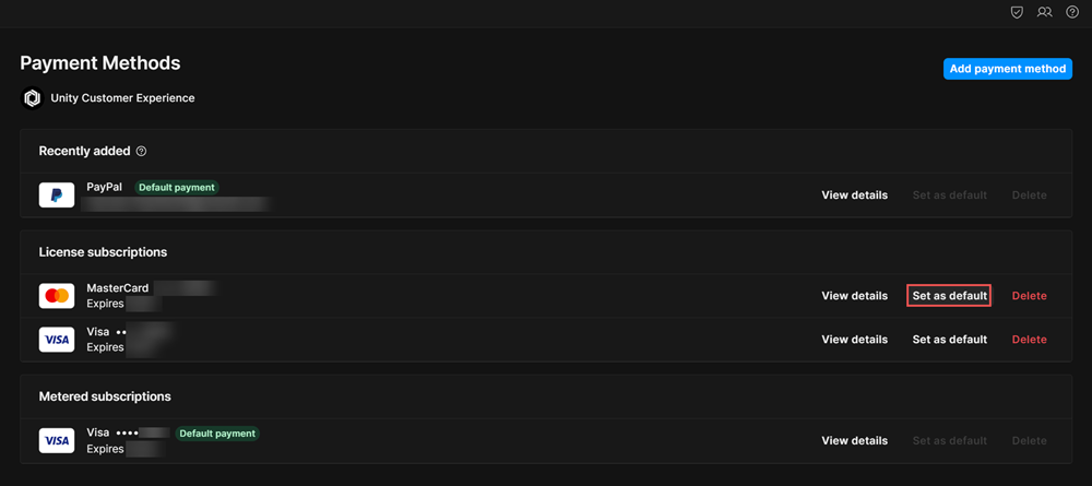 How do I change or update the payment method on my account? – Unity