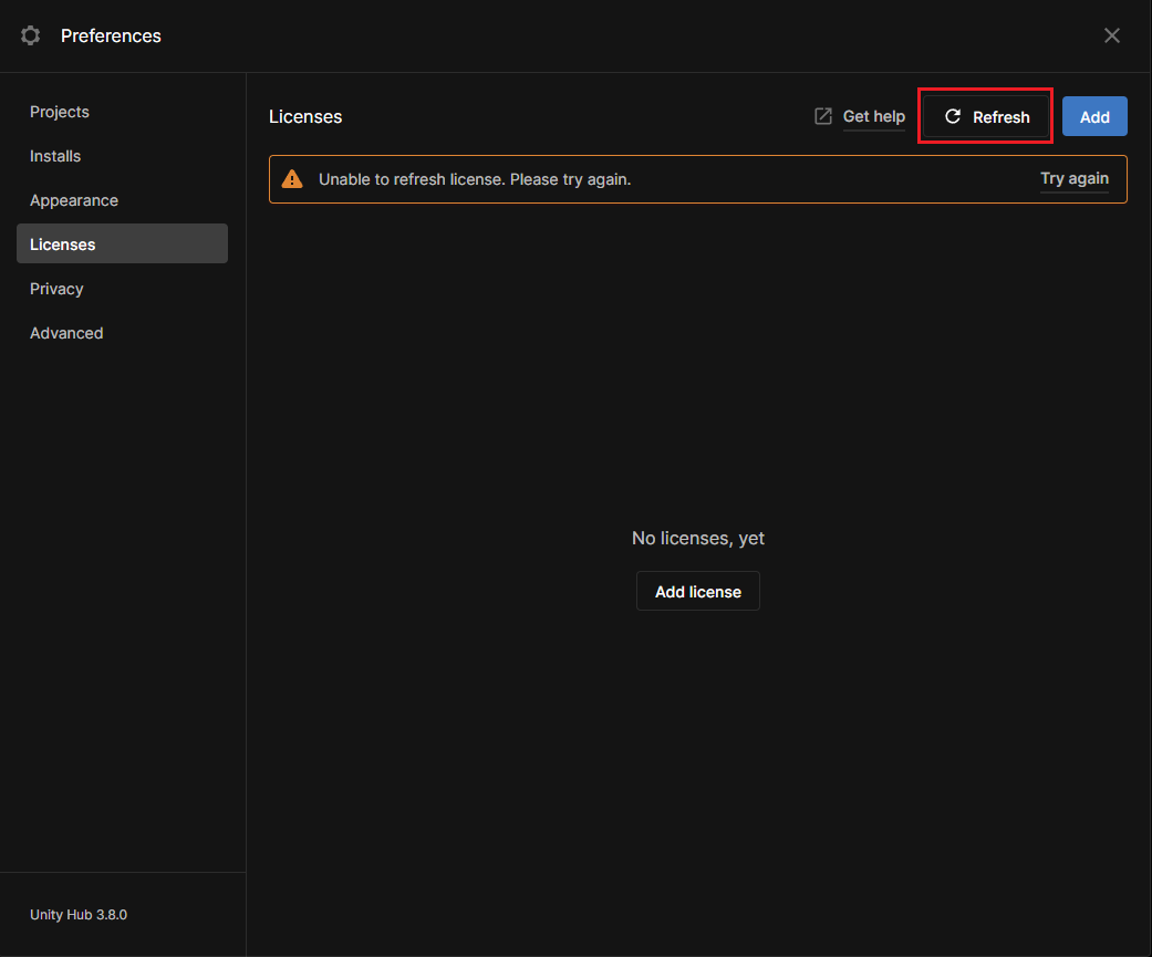 I See The Error Unable To Refresh License Please Try Again Unity Support Help Center