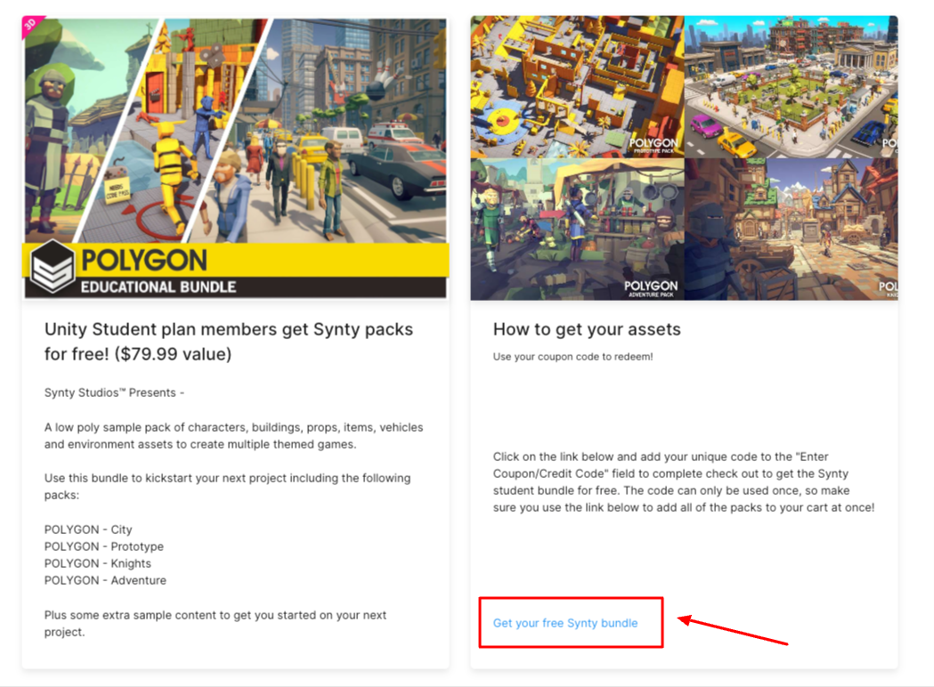 "Synty Student Bundle" 학생 무료 쿠폰을 이용하여 구매하는 방법 – Unity
