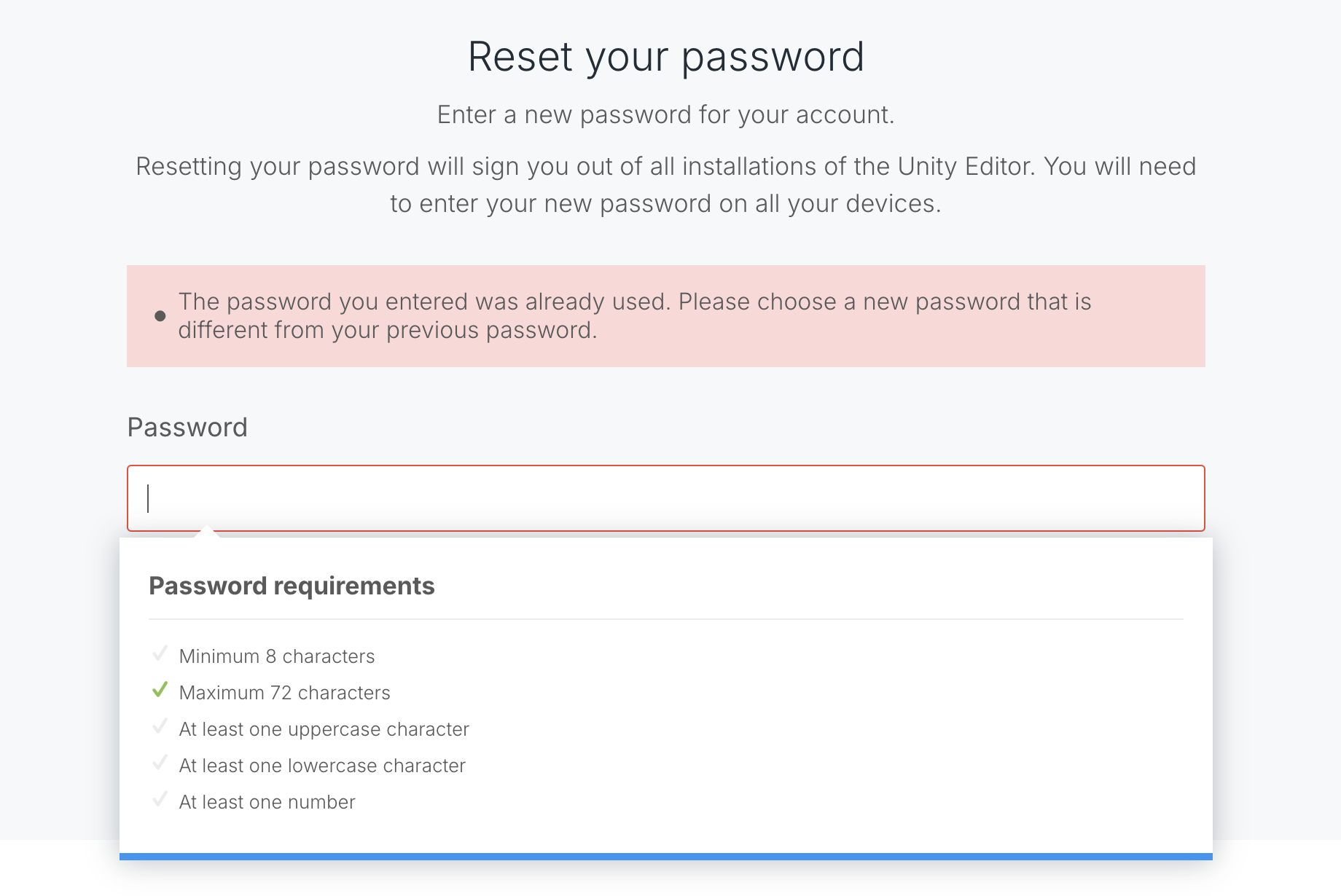 Why can't I use my previous password? – Unity
